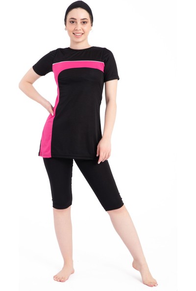 Pemilo Kadın Şeritli Kısa Kol Taytlı Tesettür Mayo Lacivert-Kırmızı Pemilo Kadın Şeritli Kısa Kol Taytlı Tesettür Mayo Lacivert-Kırmızı