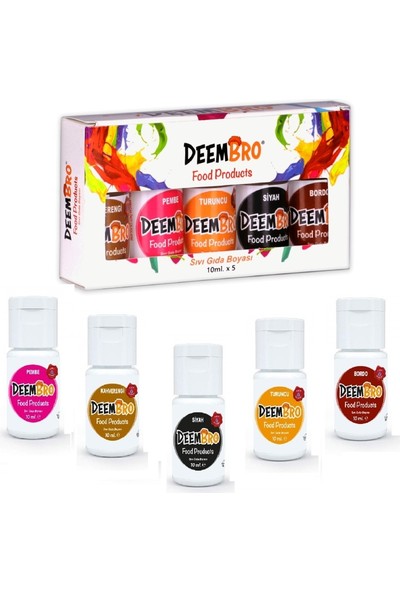 Deembro 5'li Sıvı Gıda Boyası Kahverengi Bordo Pembe Turuncu Siyah Kutulu 5 x 10 ml Deembro 5'li Sıvı Gıda Boyası Kahverengi Bordo Pembe Turuncu Siyah Kutulu 5 x 10 ml