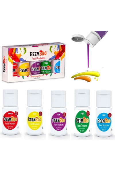 Deembro 5'li Sıvı Gıda Boyası Mavi-Yeşil-Kırmızı-Turuncu-Mor Özel Kutulu 5 x 10 ml
