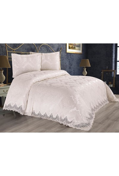 Çeyiz Diyarı Firuze Çift Kişilik Yatak Örtüsü Krem