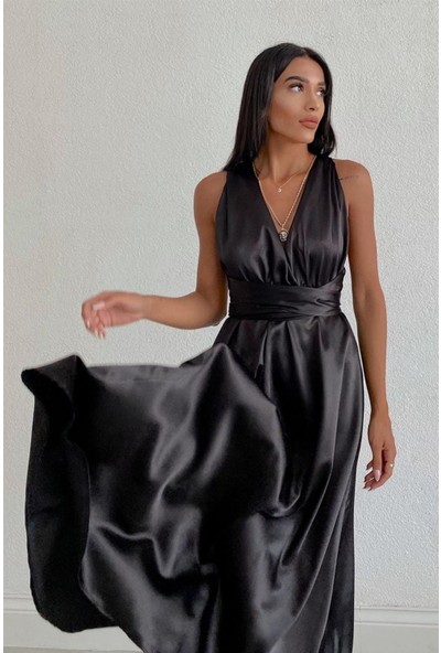 Laklakers Kadın Siyah Saten Şık Kadın Elbise