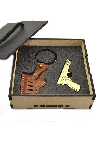 Anahtarlık Sepeti Deri Kılıflı Anahtarlık Ahşap Kutulu Gold Görünümlü