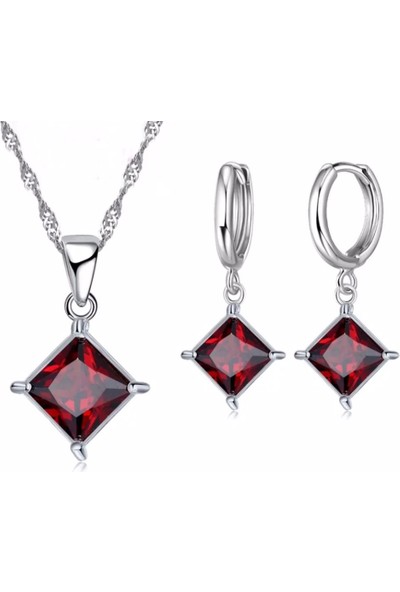 Lila Hediyelik Eşya Kırmızı Taşlı Gümüş Kaplama Kolye Küpe Seti