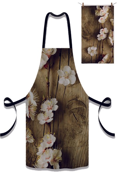 Osso Ayva Çiçeği Tahta Desenli Kumaş Şef Bulaşık Mutfak Önlüğü ve Havlu