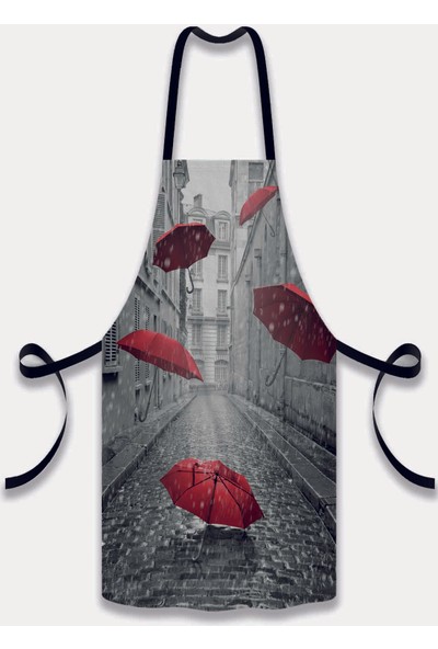 Osso Gri Sokak Kırmızı Şemsiye Desenli Kumaş Şef Bulaşık Mutfak Önlüğü