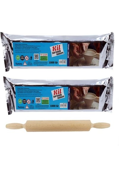 Hobialem Kil Seramik Hamuru Beyaz 2 kg + Ahşap Merdane + Doğal Kil Hamuru