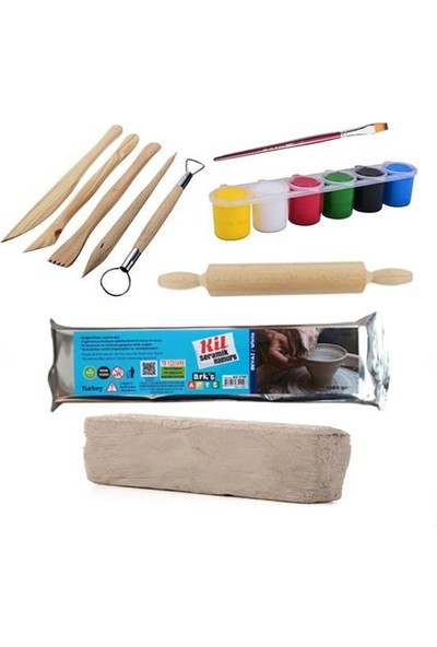 Hobialem Kil Hamuru Seti-4, Beyaz Kil 1 kg + Ahşap Ebeşuar + Merdane + Boya + Fırça Hobialem Kil Hamuru Seti-4, Beyaz Kil 1 kg + Ahşap Ebeşuar + Merdane + Boya + Fırça