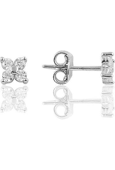 Söğütlü Silver Gümüş Rodyumlu Zirkon Taşlı Mini Yonca Küpe