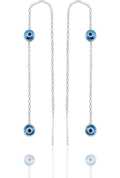 Söğütlü Silver Gümüş Rodyumlu Cam Göz Çift Nazarlı Gümüş Zincir Küpe