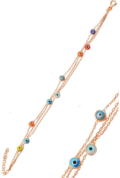 Söğütlü Silver Gümüş Rose, Renkli Cam Göz Nazar Üç Zincirli Gümüş Bileklik