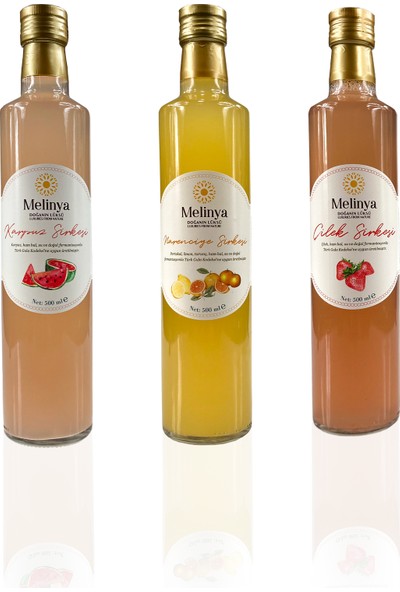 Melinya Doğal Fermente Karpuz Sirkesi 500 ml + Narenciye Sirkesi 500 ml + Çilek Sirkesi 500 ml Melinya Doğal Fermente Karpuz Sirkesi 500 ml + Narenciye Sirkesi 500 ml + Çilek Sirkesi 500 ml