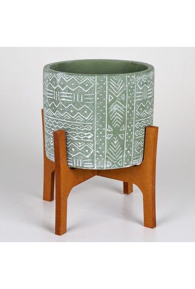 Veramaya Stand Ayaklı Etnik Desenli Büyük Yeşil Beton Saksı 17 x 25 cm