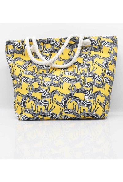 Külah Kadın Zebra Desenli Hardal Plaj Çantası
