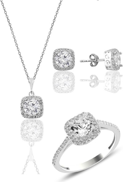 Söğütlü Silver Gümüş Rodyumlu Zirkon Taşlı Kare Üçlü Set