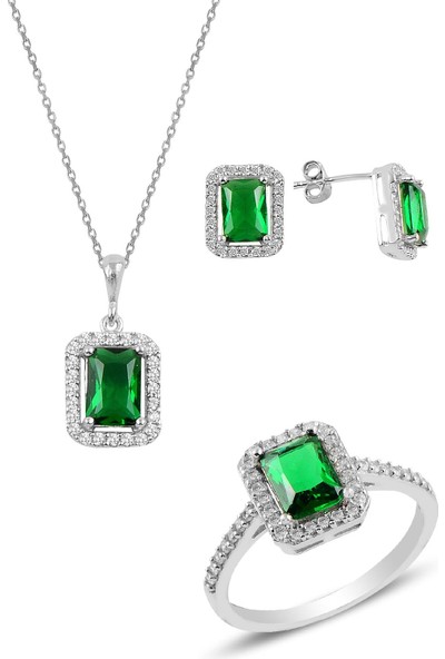 Söğütlü Silver Gümüş Rodyumlu Kök Zümrüt Baget Taşlı Üçlü Set