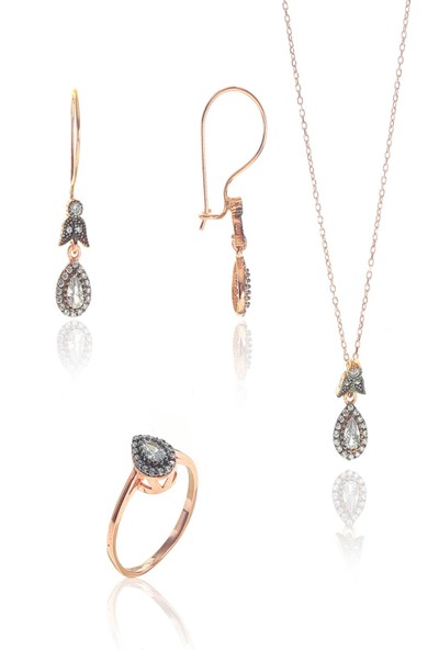 Söğütlü Silver Gümüş Rose Elmas Montürlü Damla Set