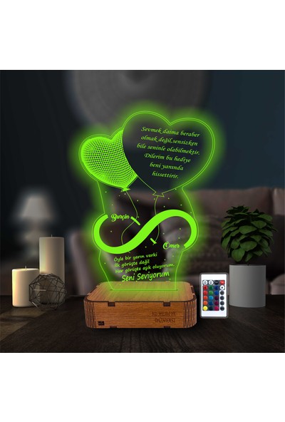 3D Hediye Dünyası 2 Kalp Evlilik Yıl Dönümüne Özel Hediye 16 Renkli Kumandalı