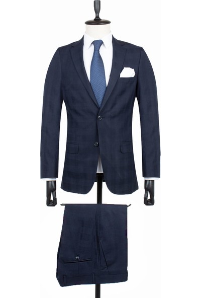 İmza Lacivert Ekose Desen Slim Fit Takım Elbise İmza Lacivert Ekose Desen Slim Fit Takım Elbise