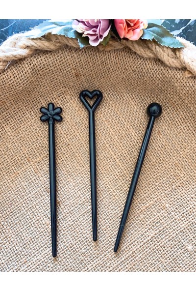 Yeşim Aksesuar Kadın 3'lü Siyah Renk Lüx Figürlü Çubuk Topuz Tokası Seti