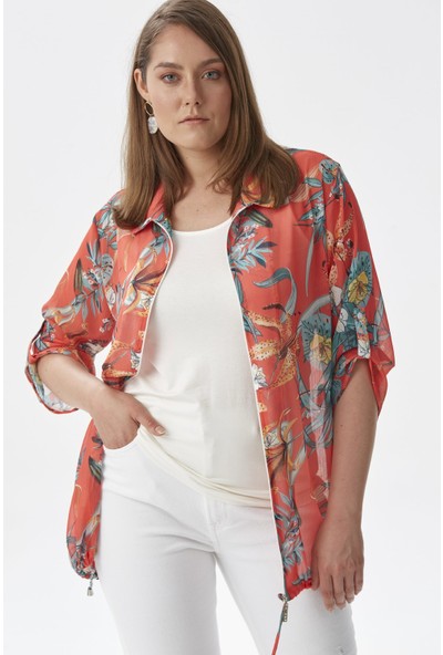 Ghada Büyük Beden Nar Çiçeği Şifon Kadın Ceket