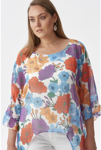 Ghada Büyük Beden Ekru Şifon Desenli Asimetrik Bluz