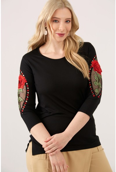 Ghada Büyük Beden Siyah Kol Nakışlı Kadın Bluz