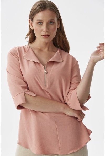 Ghada Büyük Beden Pudra Ön Yarım Fermarlı Bluz