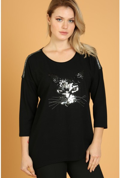 Ghada Siyah Kedi Kafa Payetli Kadın Bluz
