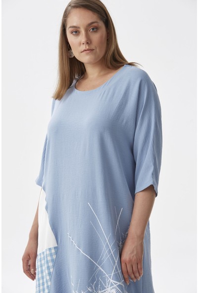 Ghada Mavi Yan Çizgili Parçalı Elbise- Büyük Beden