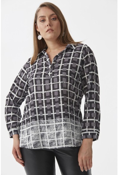 Ghada Gri Desenli Yarım Patlı Gömlek- Büyük Beden