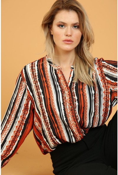 Ghada Büyük Beden Hardal Çizgili Desen Gömlek
