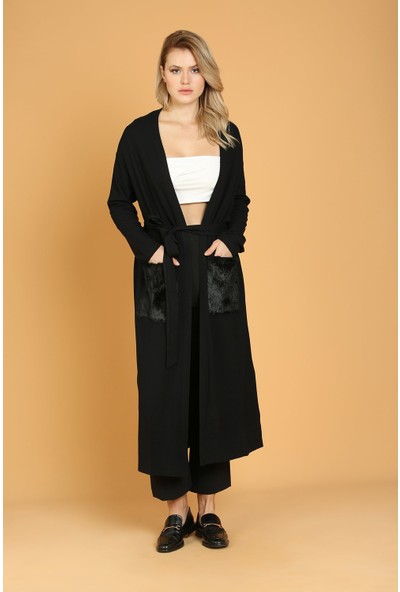 Ghada Büyük Beden Siyah Uzun Cep Kurklü Kadın Hırka