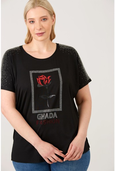 Ghada Büyük Beden Siyah Gül Desenli Baskı Taşlı Kadın T-Shirt