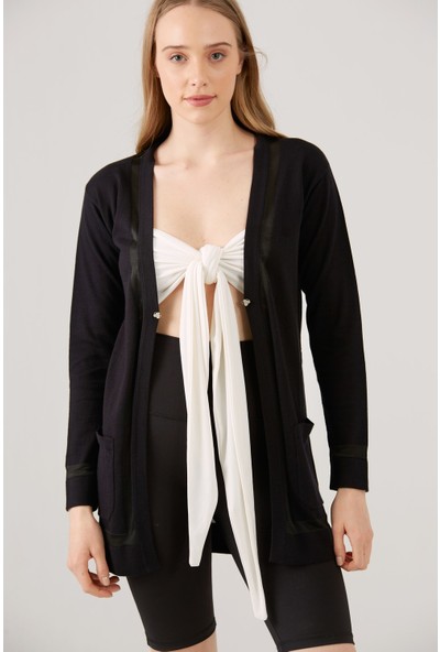 Sweater Büyük Beden Siyah Taşlı Düğmeli Cepli Kadın Hırka