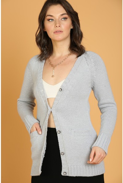 Sweater Gri V Yaka Kışlık Kadın Hırka