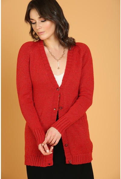 Sweater Kırmızı V Yaka Kışlık Kadın Hırka