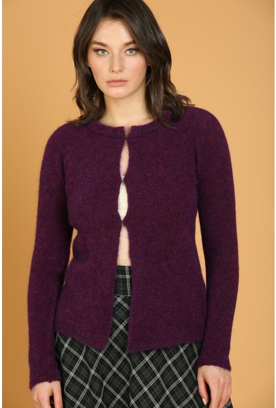 Sweater Mor Bisiklet Yaka Gizli Düğmeli Yün Kadın Hırka