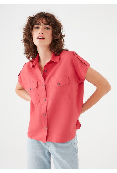 Mavi Kısa Kollu Pembe Gömlek