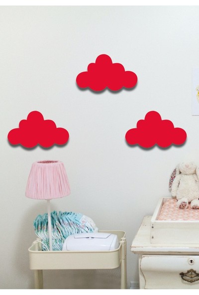 Moccoll Kırmızı Bulut 3 Lü Set Bulut Ahşap Duvar Dekoru Çocuk Odası Süsü