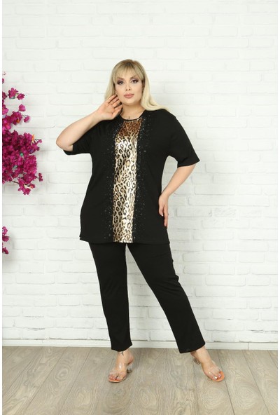 ModaSehle Kadın Siyah Büyük Beden Leopar Detaylı Bluz