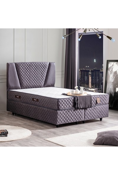 Setay Nesta Çift Kişilik Baza Başlık Deluxe Yatak Seti, Antrasit Nubuk