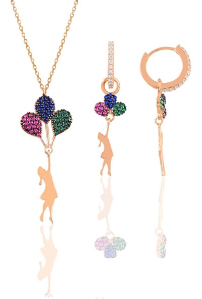 Söğütlü Silver Gümüş Rose Balonlu Kız Kolye ve Küpe Gümüş Set Söğütlü Silver Gümüş Rose Balonlu Kız Kolye ve Küpe Gümüş Set