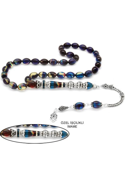 Alis Silver 925 Ayar Gümüş Püsküllü Gümüş Çift Şerefeli Nakkaş Imameli Süzme Bonibon Ateş Kehribar Tesbih