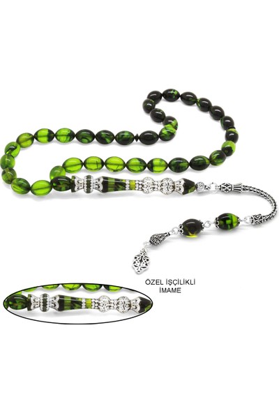 Alis Silver 925 Ayar Gümüş Püsküllü Gümüş Çift Şerefeli Nakkaş Imameli Süzme Yeşil Ateş Kehribar Tesbih