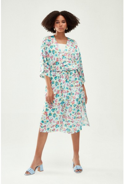 Quzu Çiçekli Saten Uzun Kimono Mint