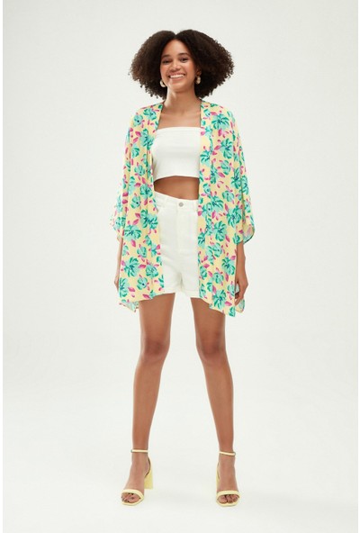 Quzu Desenli Kısa Kimono Sarı