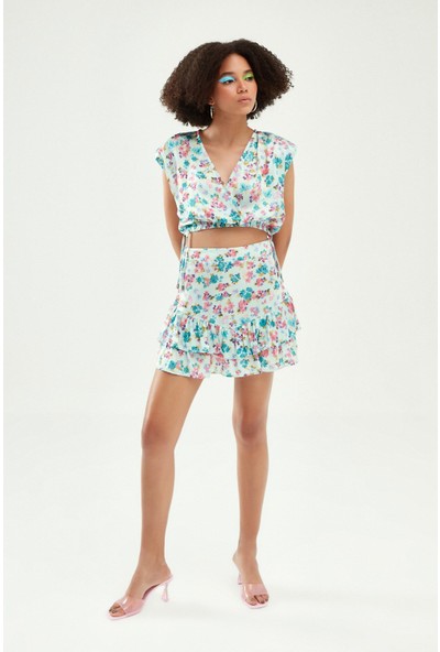 Quzu Çiçekli Fırfırlı Saten Mini Etek Mint