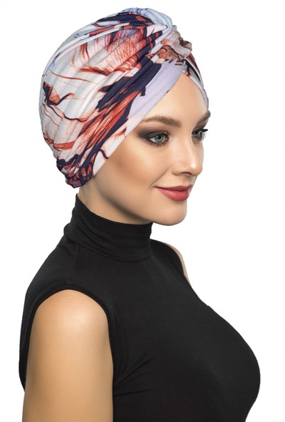 Fidan Bone Desenli Çapraz Penye Batikli Krem Hazır Türban Tesettür Havuz Bonesi