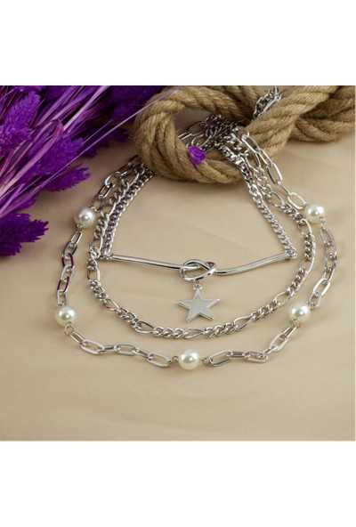 Angel Of Life 3'lü Yıldız Figürlü Inci Lüx Kolye