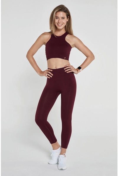 Jerf Palmi Melanj Desenli Yüksek Bel Tayt Bordo